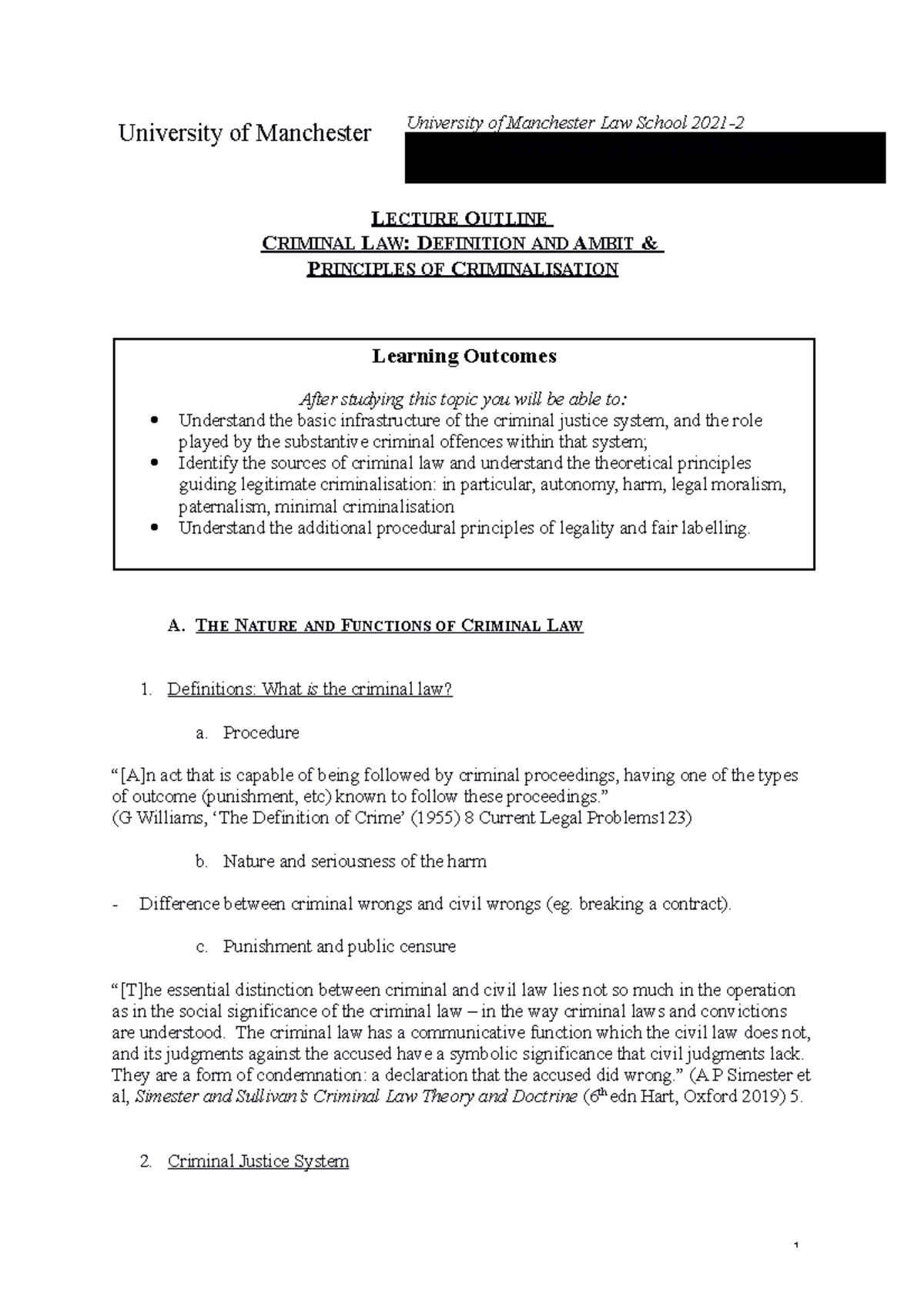 Criminal Law 1 - lecture notes - University of Manchester University of ...
