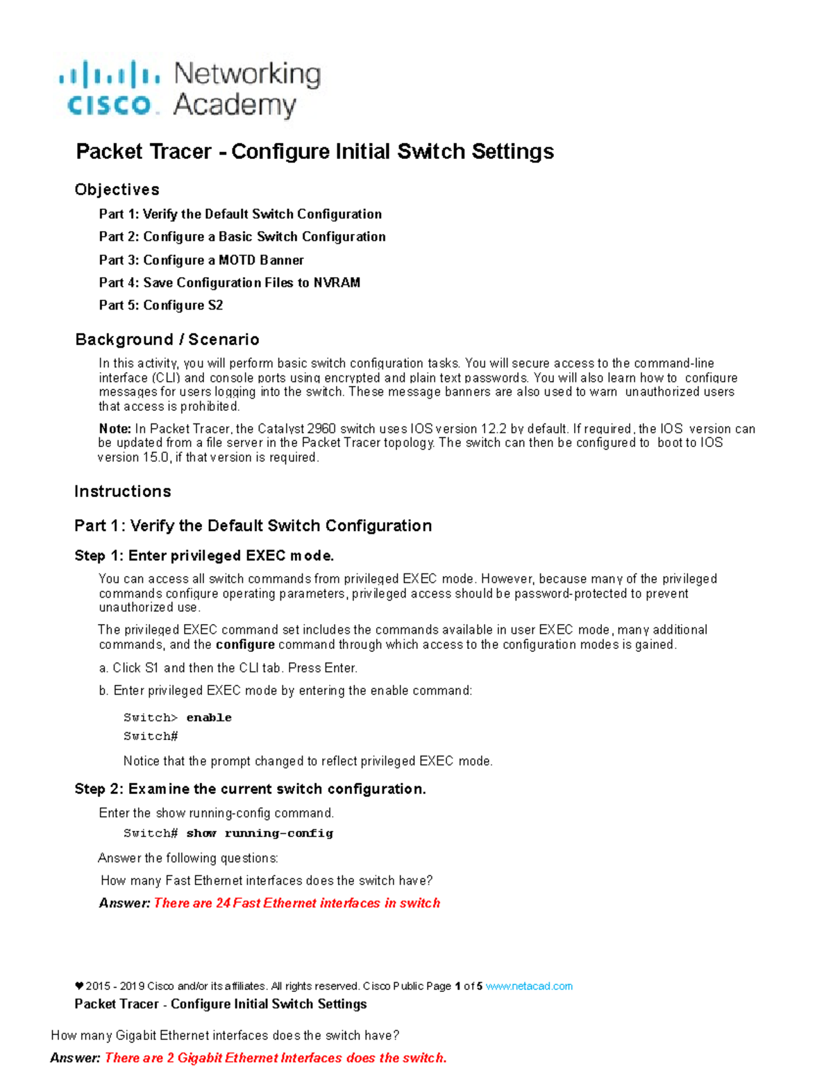 2.5.5 Packet Tracer - Configure Initial Switch Settings - Packet Tracer - Configure Initial ...
