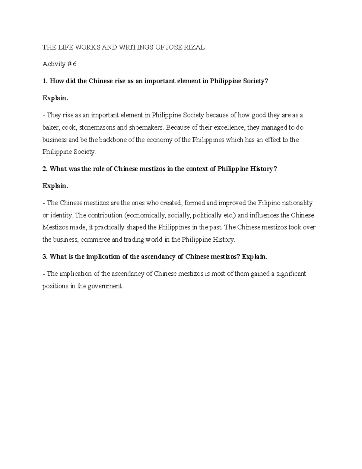 R6 - R6 RIZAL - THE LIFE WORKS AND WRITINGS OF JOSE RIZAL Activity # 6 ...