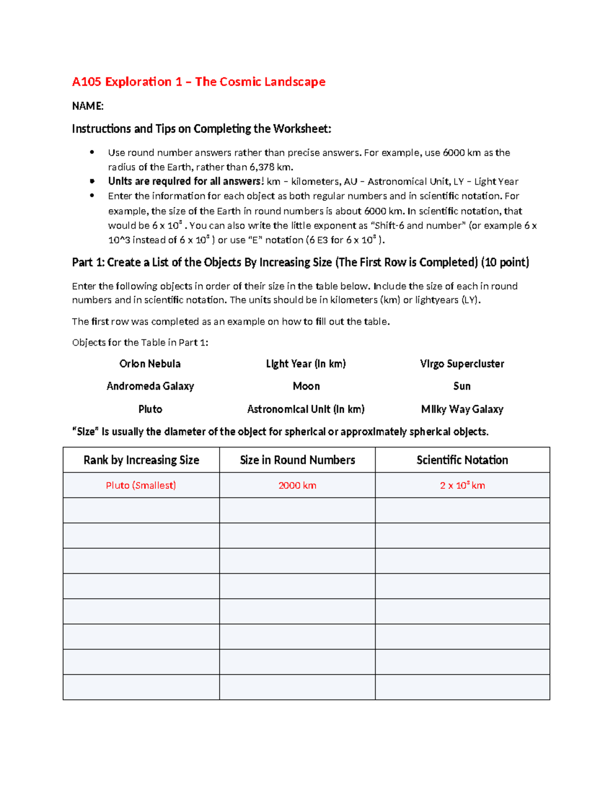 A105 Exploration 1 Worksheet - A105 Exploration 1 – The Cosmic ...