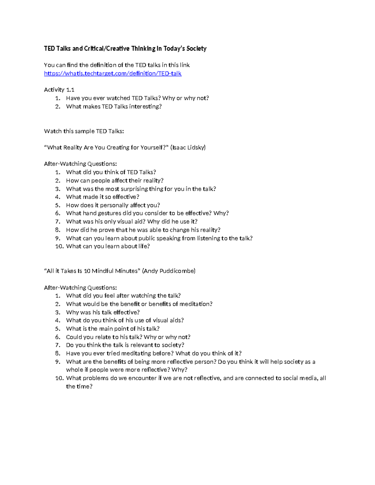 TED Talks and Critical - TED Talks and Critical/Creative Thinking in ...