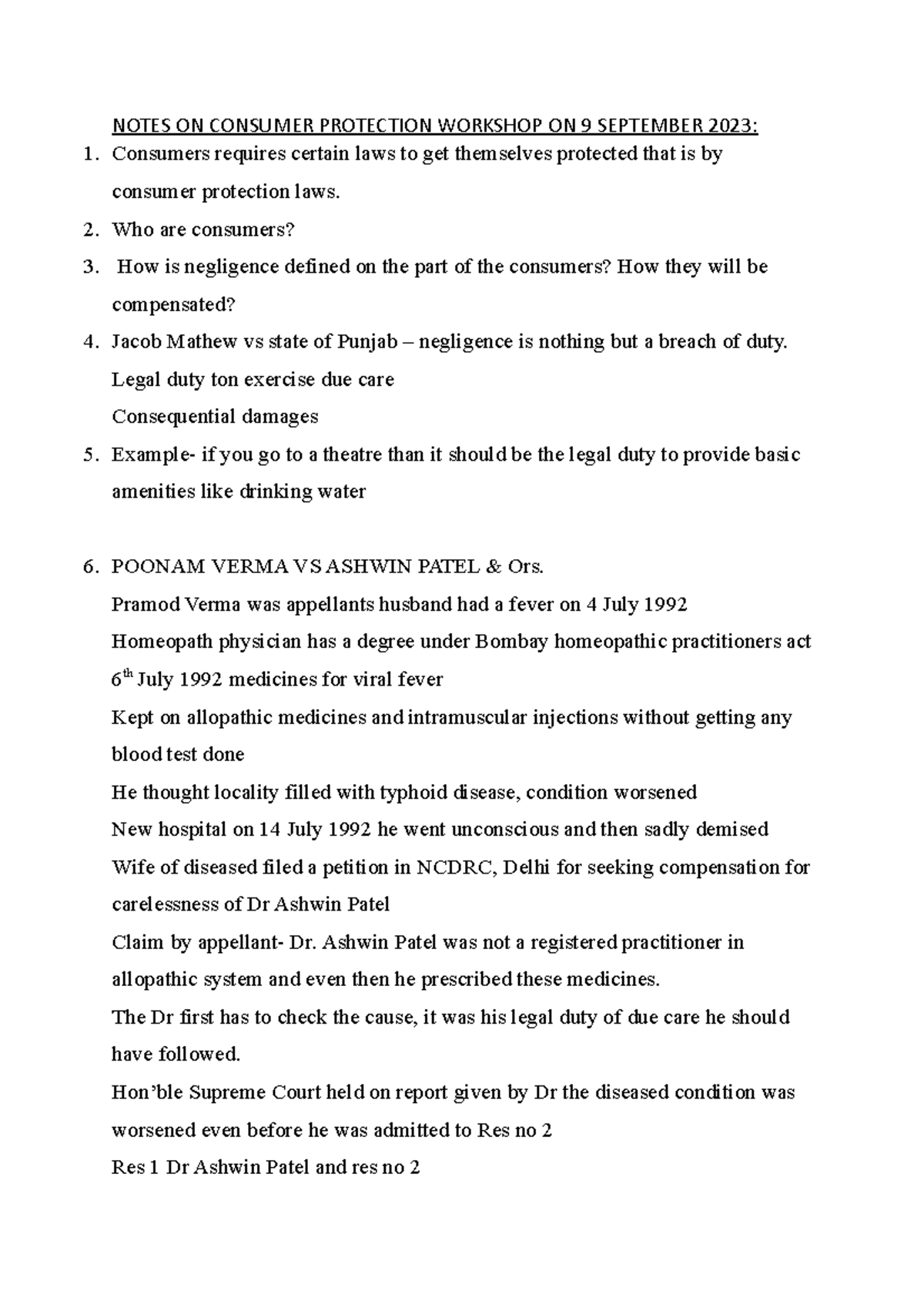 Notes ON Consumer Protection Workshop ON 9 September 2023 - NOTES ON ...