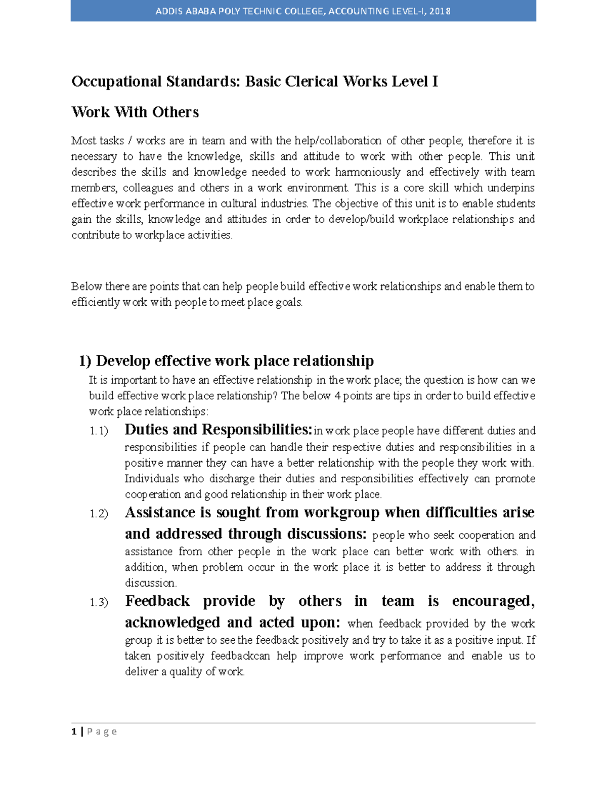 Work with others - Lecture notes... - Occupational Standards: Basic ...