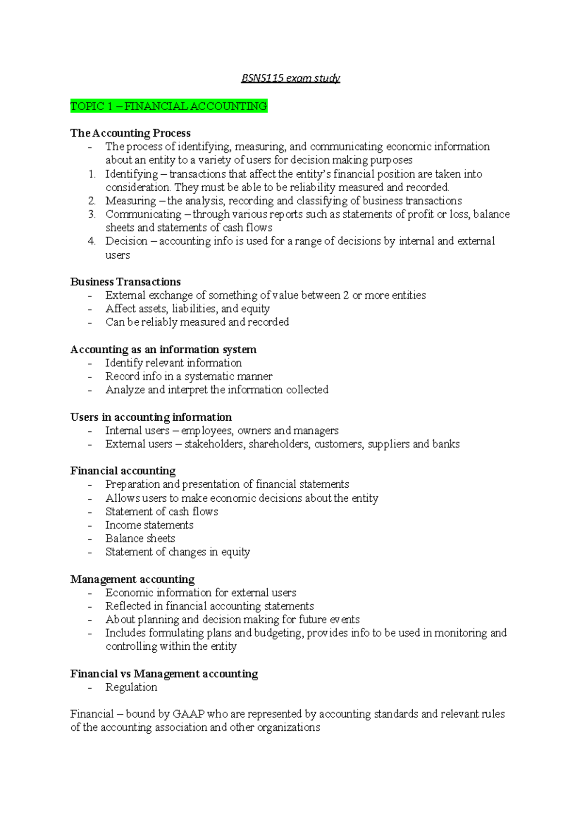 BSNS115 exam study - BSNS115 exam study TOPIC 1 – FINANCIAL ACCOUNTING ...