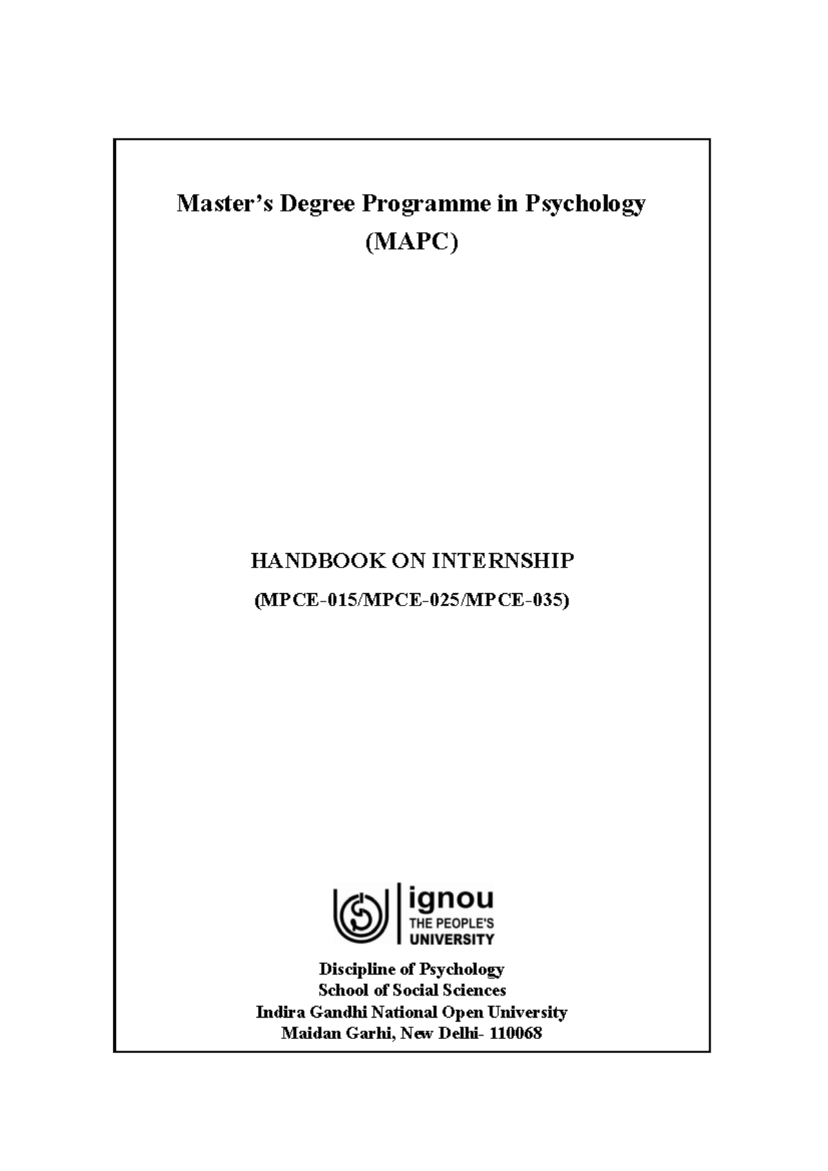 MAPC Internship - Master’s Degree Programme in Psychology (MAPC) Discipline of Psychology School ...