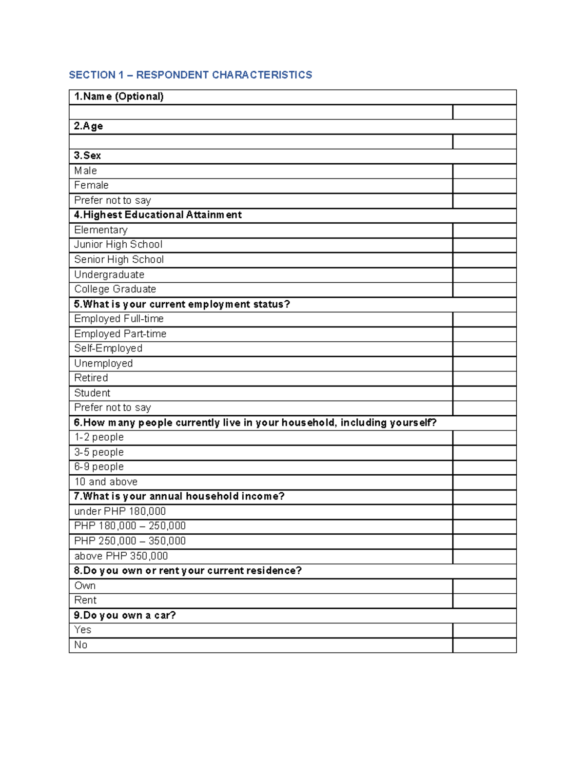 Specs Survey - SECTION 1 – RESPONDENT CHARACTERISTICS 1 (Optional) 2 3 ...