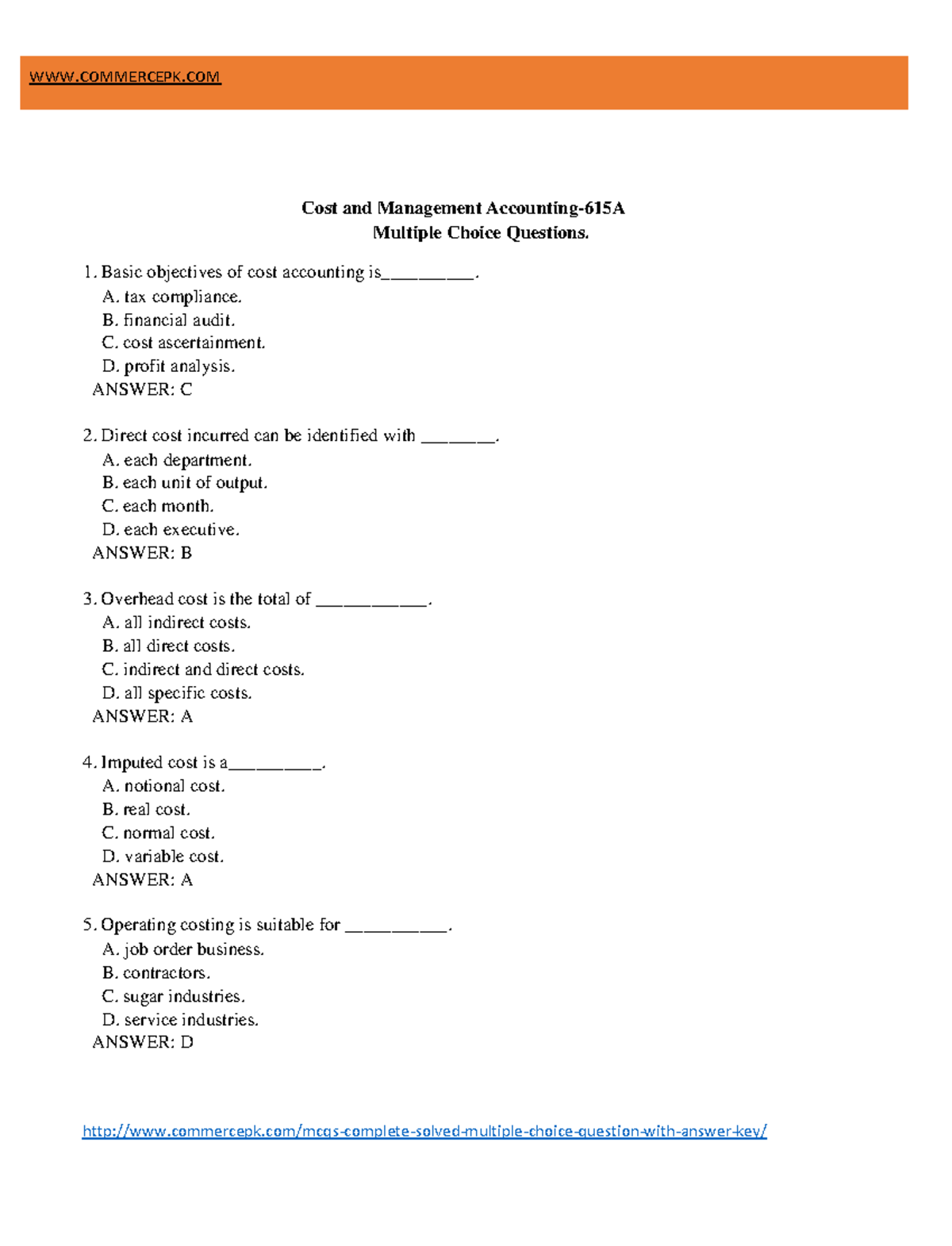 Cost Accounting Mcqs Cost And Management Accounting 615A Multiple