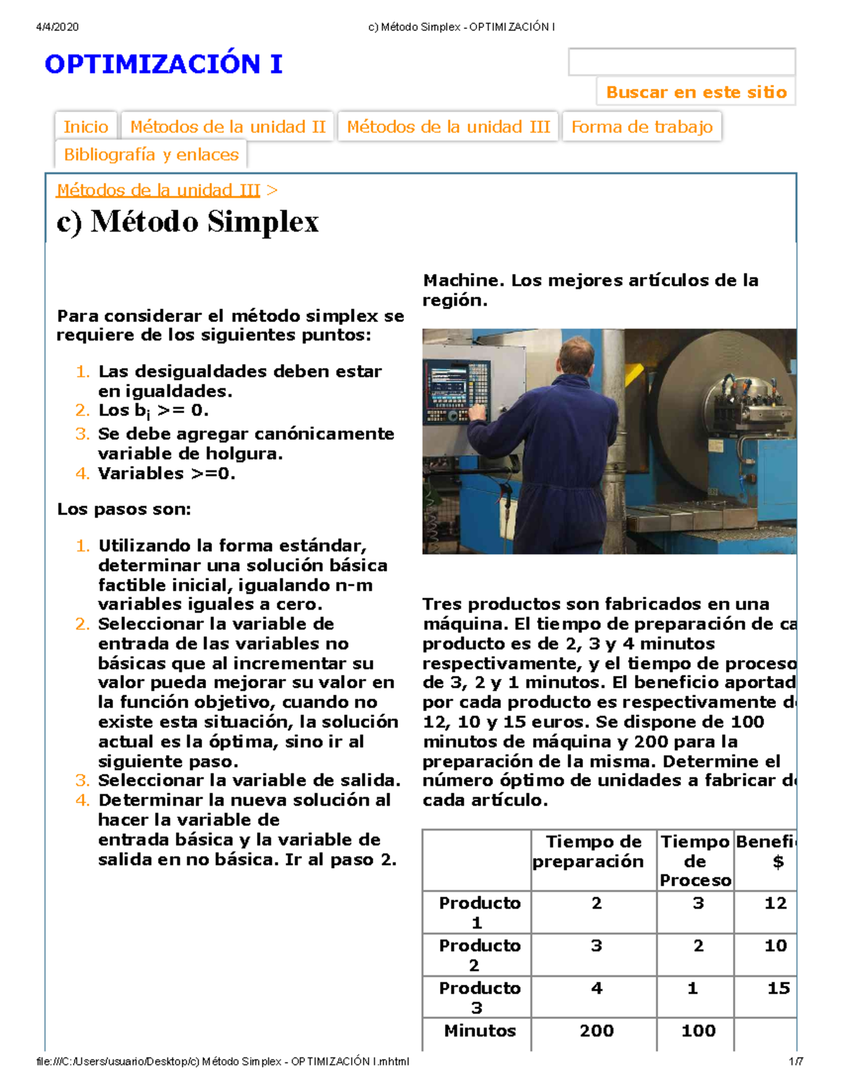 C) Método Simplex - Optimización I - OPTIMIZACIÓN I Inicio Métodos de la unidad II Métodos de la ...