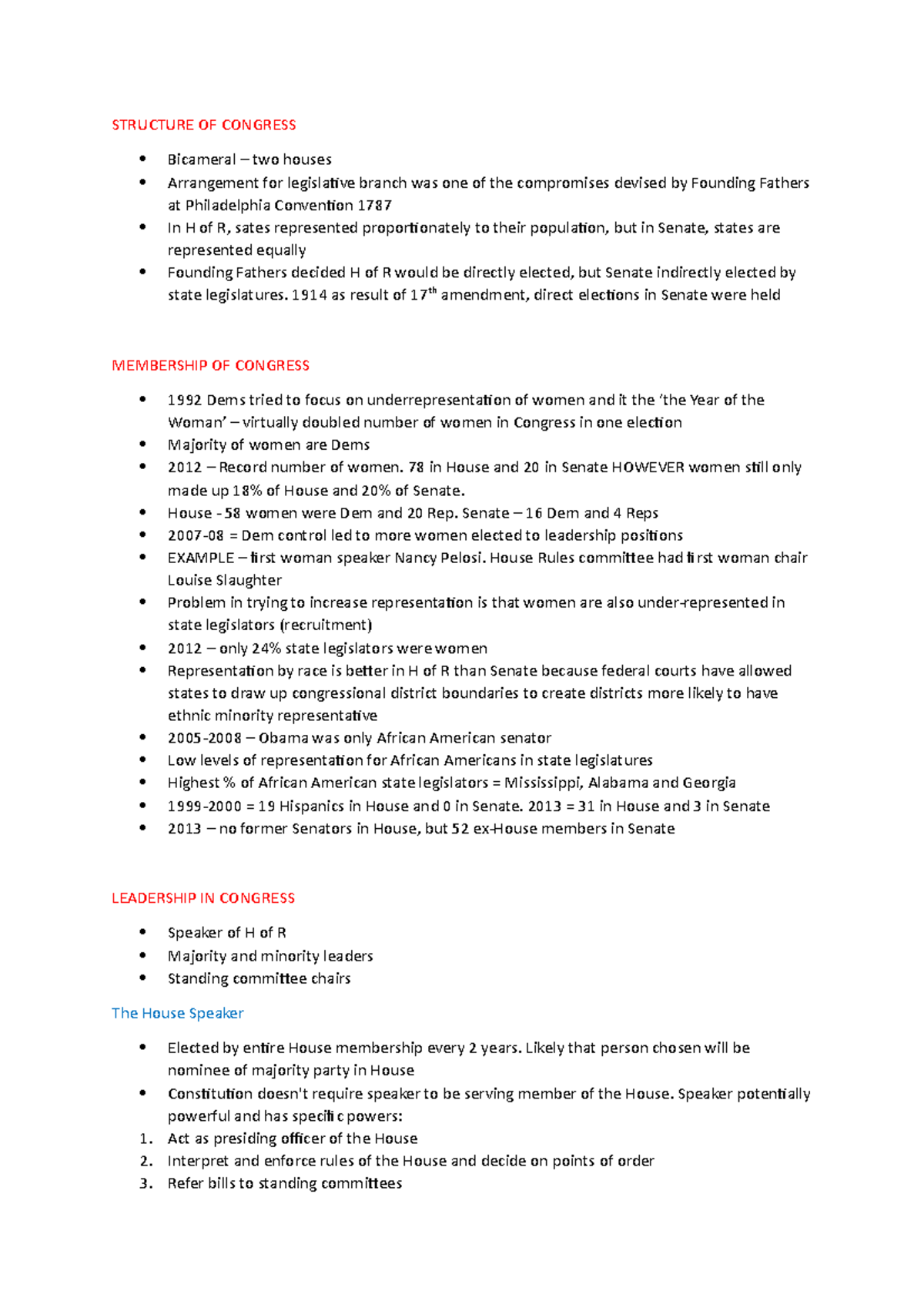 Legislative branch notes - STRUCTURE OF CONGRESS Bicameral – two houses ...