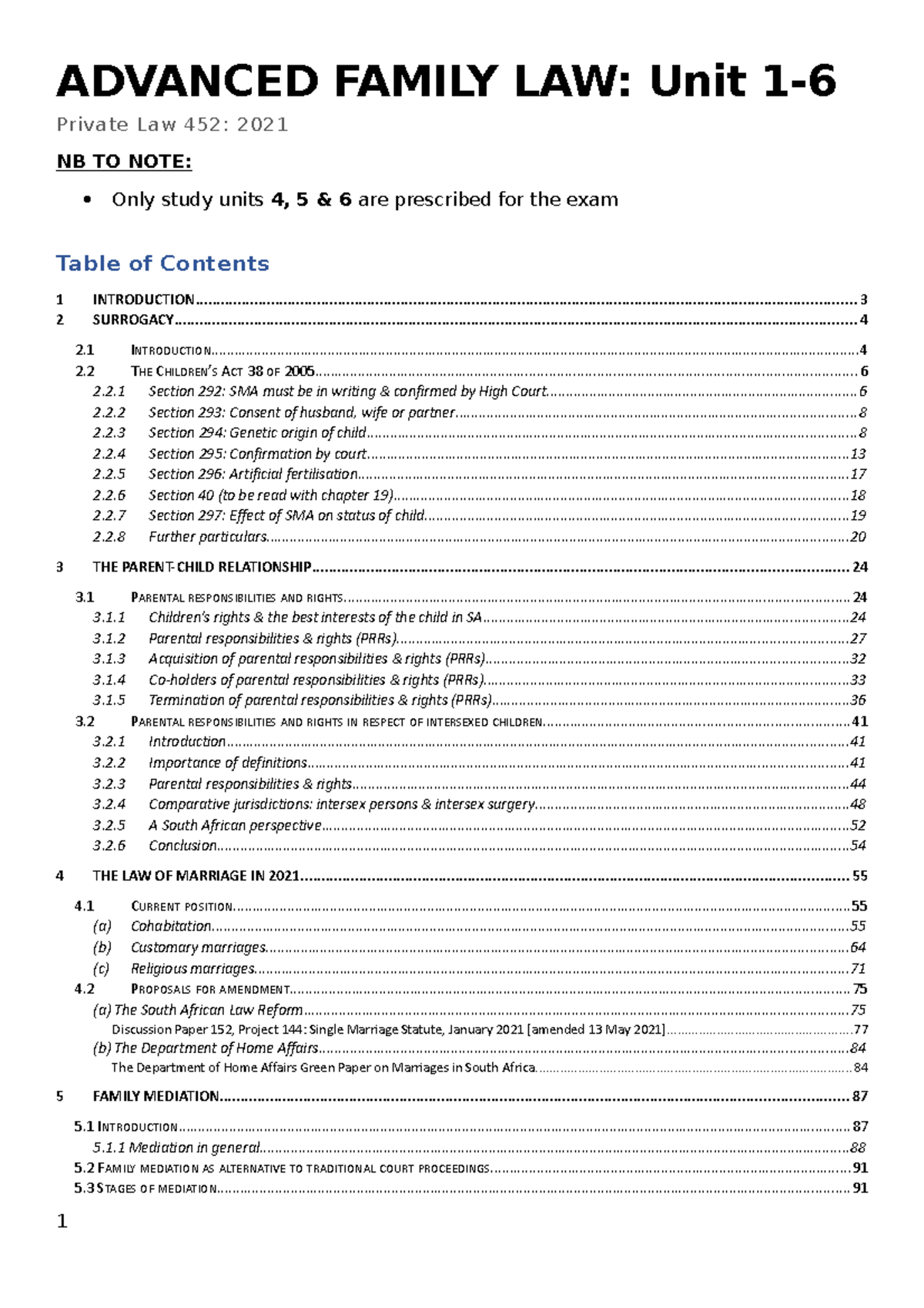 Advanced Family LAW Units 1-6 - NB TO NOTE: Only study units 4, 5 & 6 ...