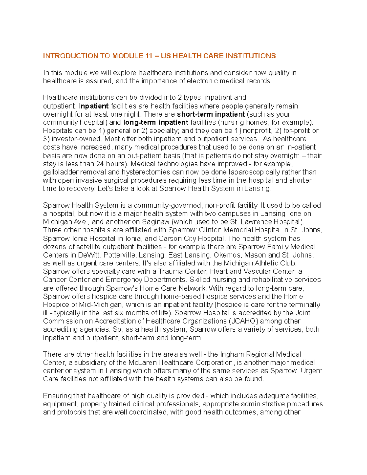 Introduction TO Module 11-4 - INTRODUCTION TO MODULE 11 – US HEALTH ...