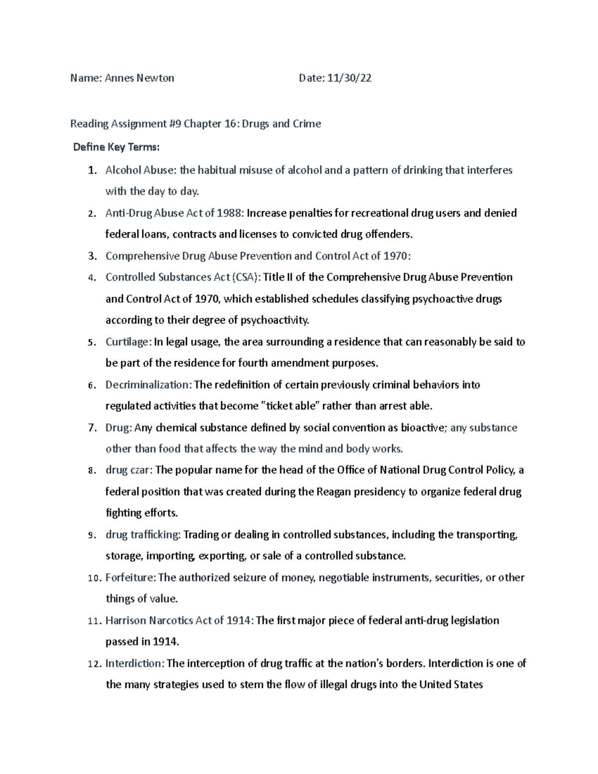 Chaper 16 drug and crime reading assignment - Name: Annes Newton Date ...