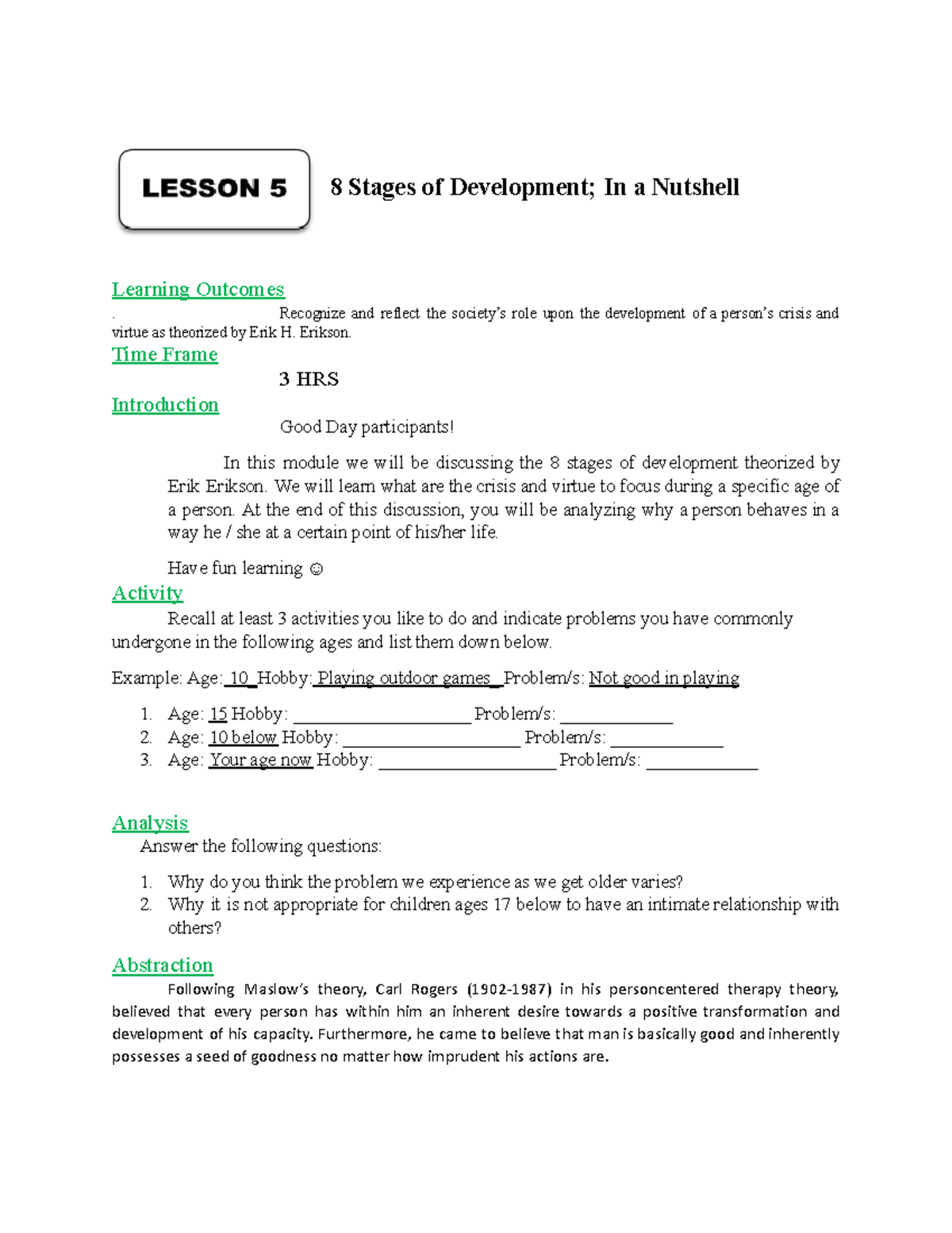 NSTP1 - Lesson 5 - Assignments - 8 Stages of Development; In a Nutshell ...