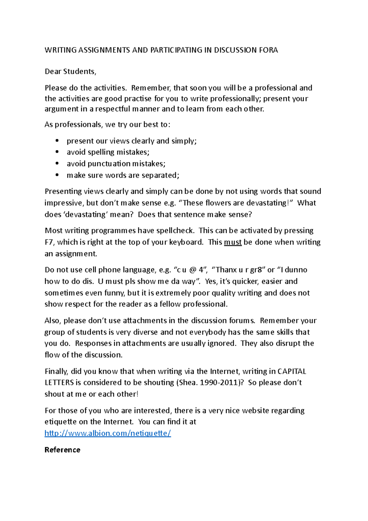 Writing Assignments AND Participating IN Discussion Forums - WRITING ...