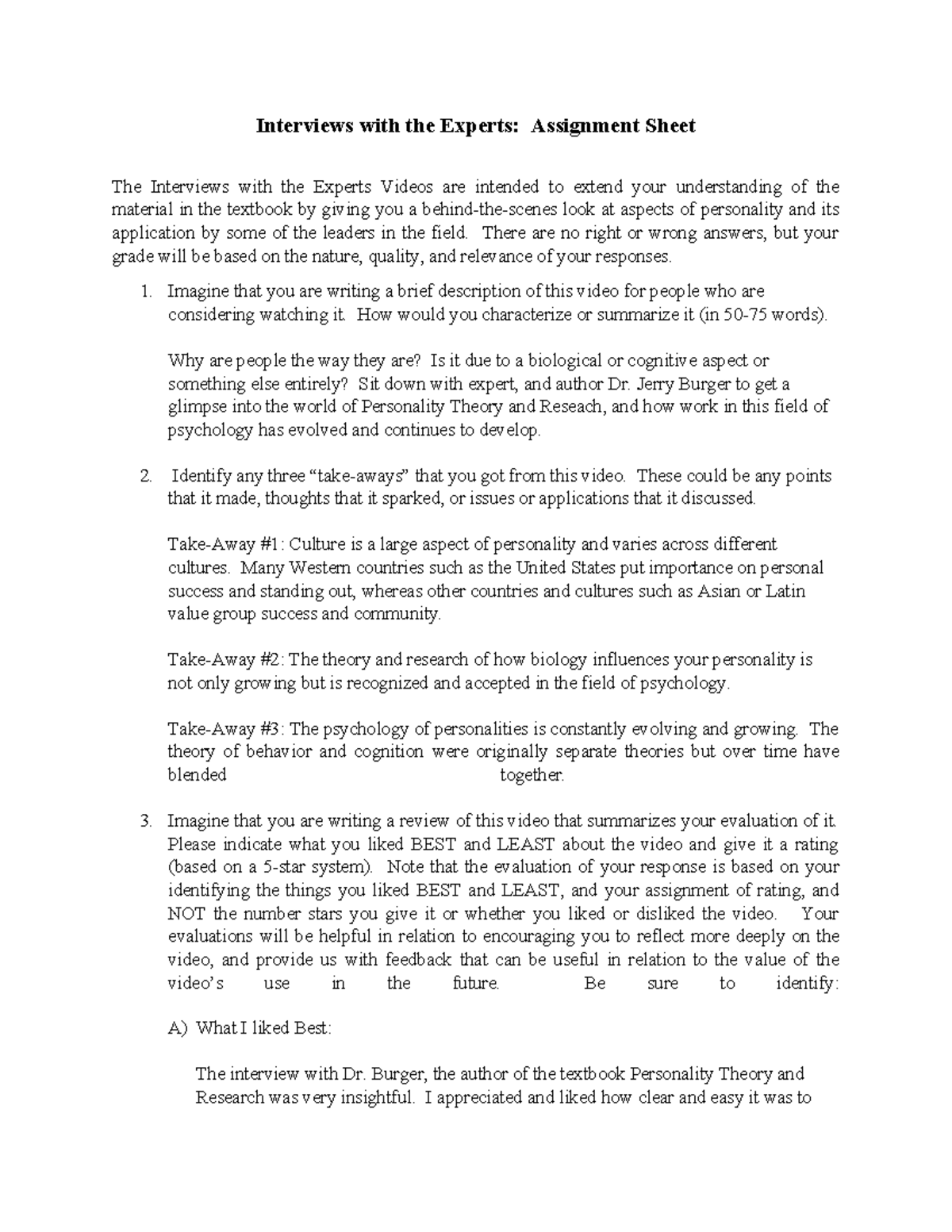 Interviews with Experts Reflection Sheet Assignment 1 - Dr. Burger ...