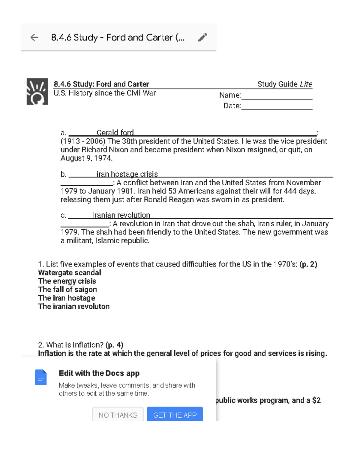 8.4.6 Study - Ford and Carter (Study guide) - 8.4 Study: Ford and ...