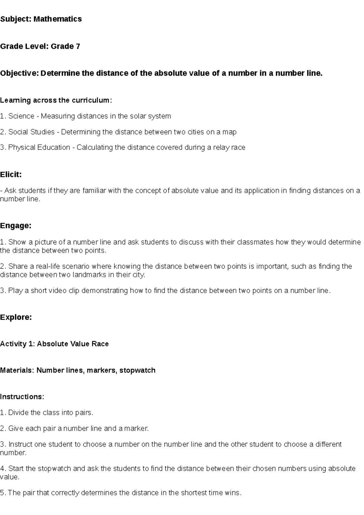 Lesson plan - Subject: Mathematics Grade Level: Grade 7 Objective ...