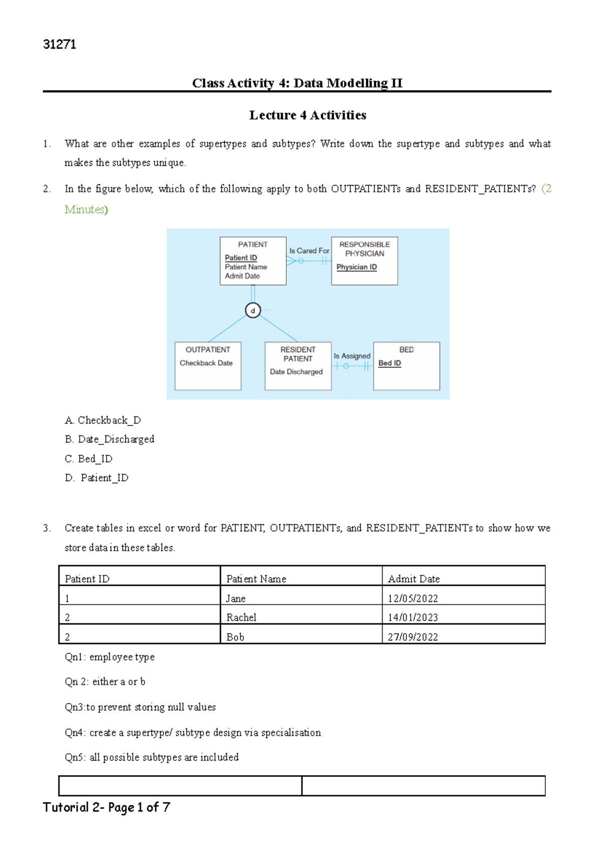 Class Activity 4 - GHJerhguYUGHFVB - Class Activity 4: Data Modelling II Lecture 4 Activities 1 ...