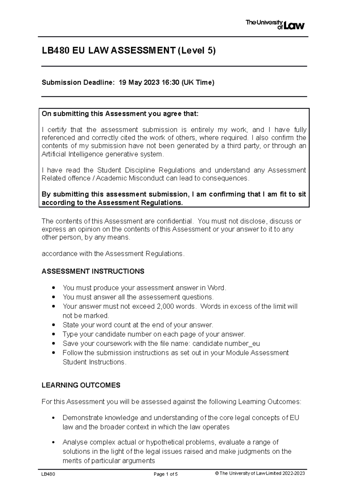 LB480 eu May23 Final - EU law exam - LB480 EU LAW ASSESSMENT (Level 5 ...