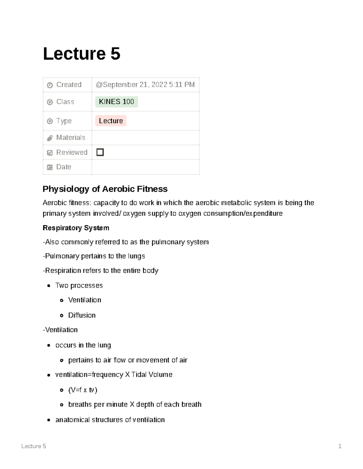 Lecture 5 - Lecture 5 Created Class KINES 100 Type Lecture Materials Reviewed Date Physiology of ...