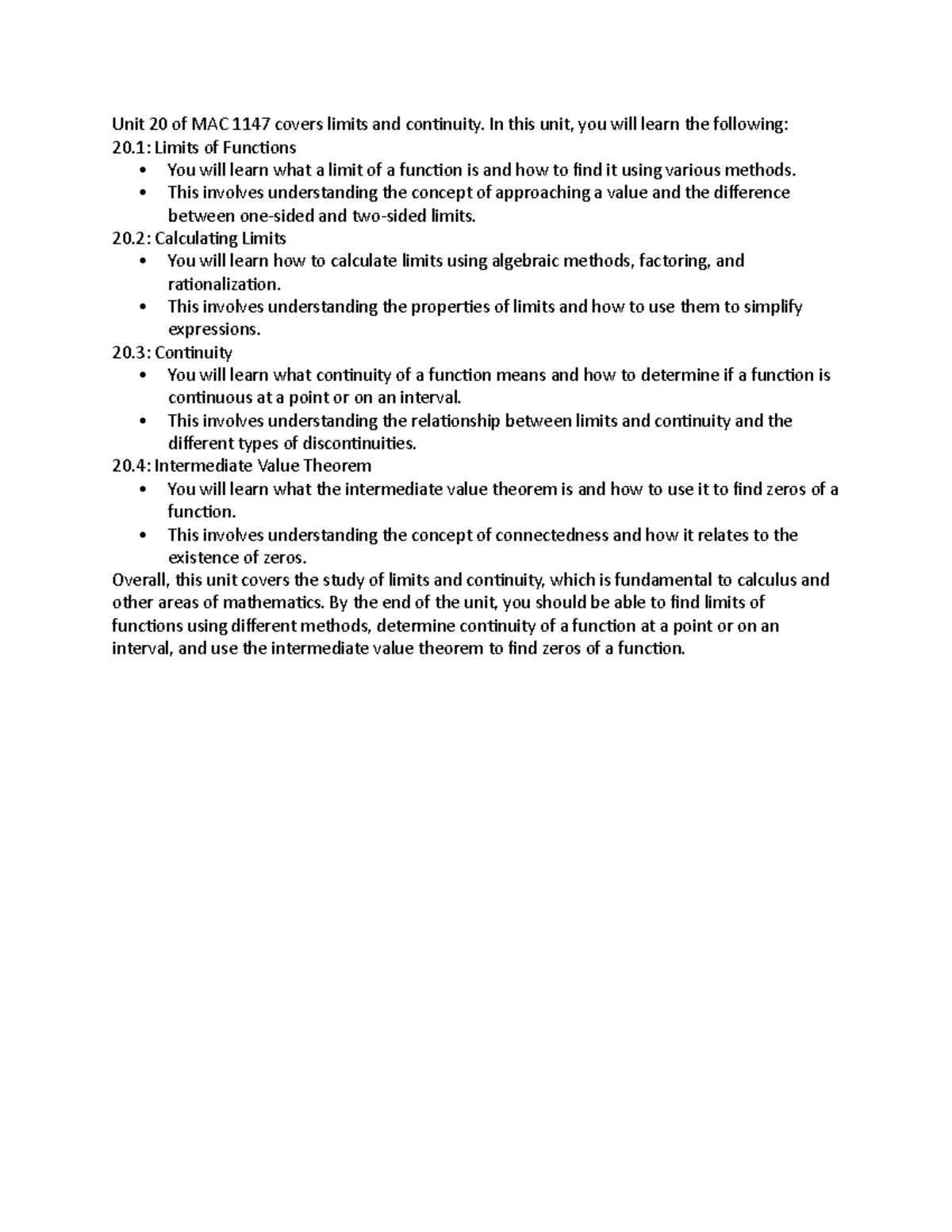 Unit 20 of MAC 1147 - Unit 20 Notes - Unit 20 of MAC 1147 covers limits ...