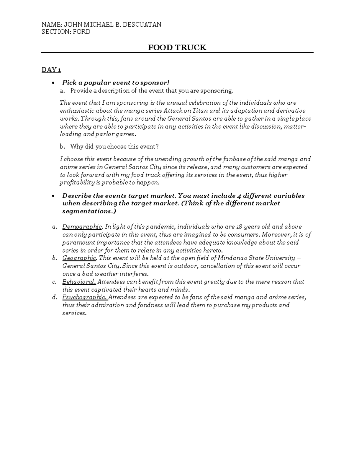 Food Truck Sample - A summary of entrepreneurship - SECTION: FORD FOOD ...