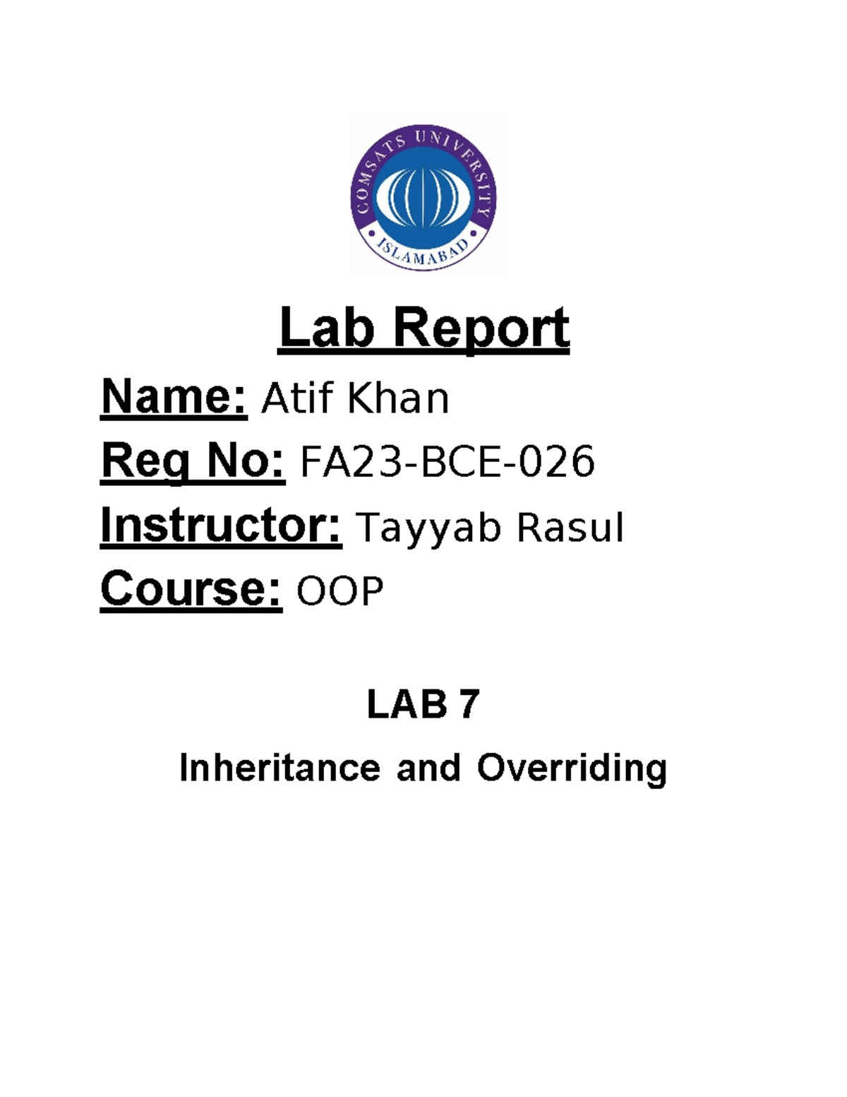 LAB Report 5 OOP - Lab Report Name: Atif Khan Reg No: FA23-BCE ... LAB Report 5 OOP - Lab Report Name: Atif Khan Reg No: FA23-BCE ...