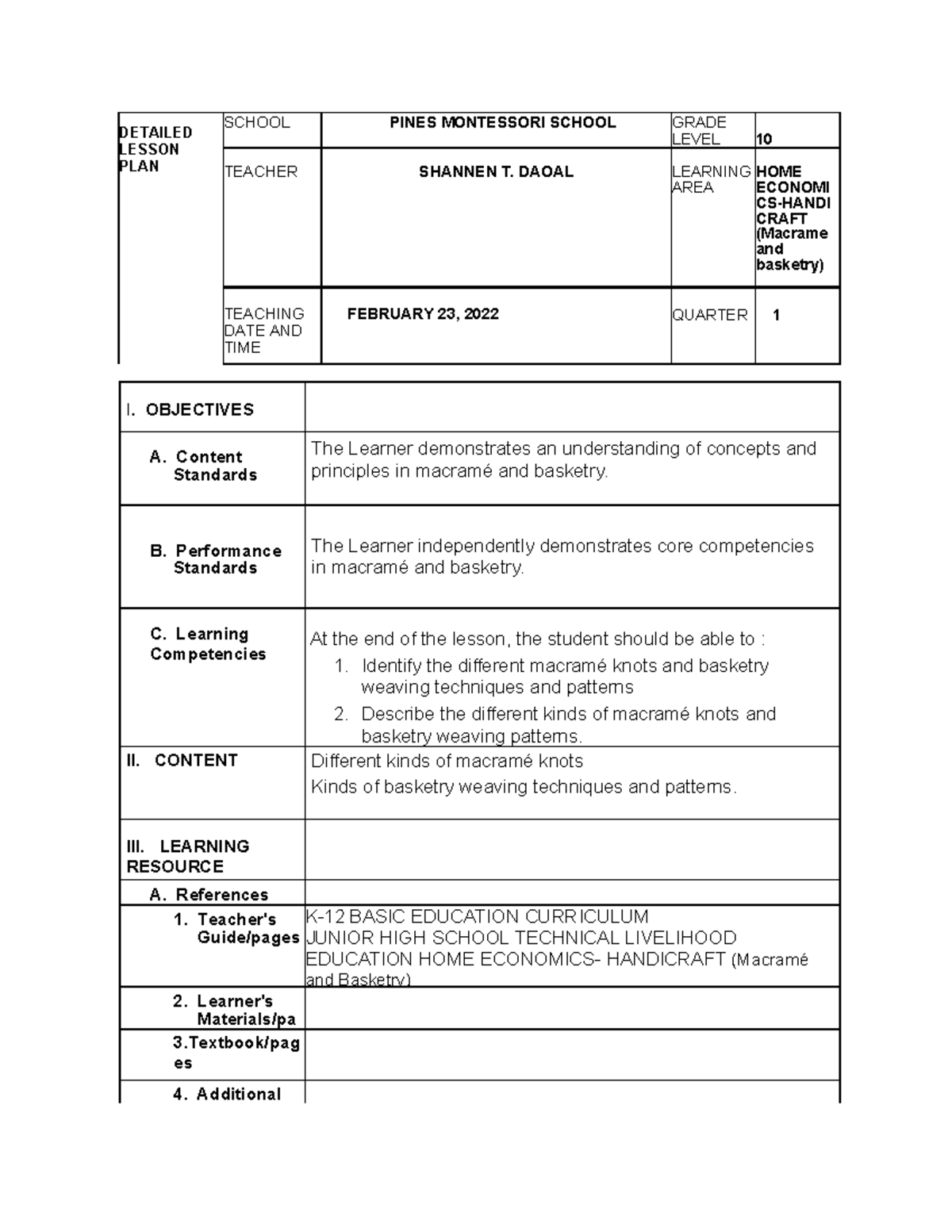DLP Macrame - SAMPLE DLP - DETAILED LESSON PLAN SCHOOL PINES MONTESSORI ...