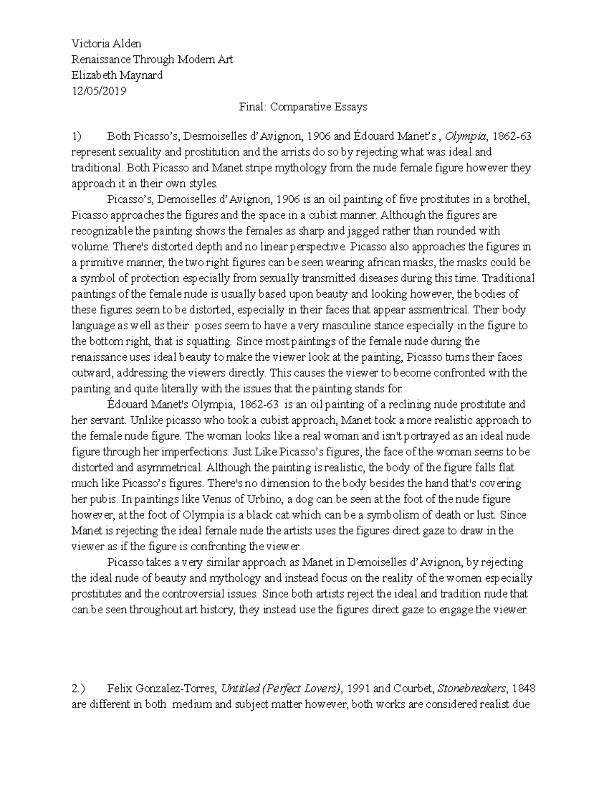 Final Comparative Essays - Victoria Alden Renaissance Through Modern ...