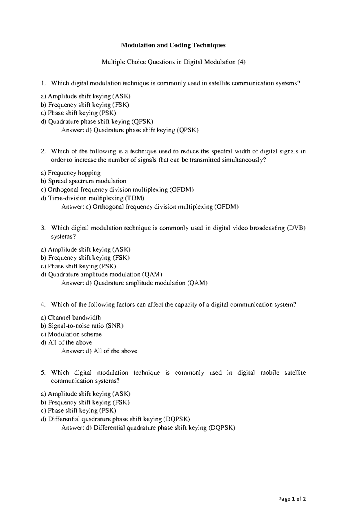 Mcq In Digital Modulation 4 Page 1 Of 2 Modulation And Coding