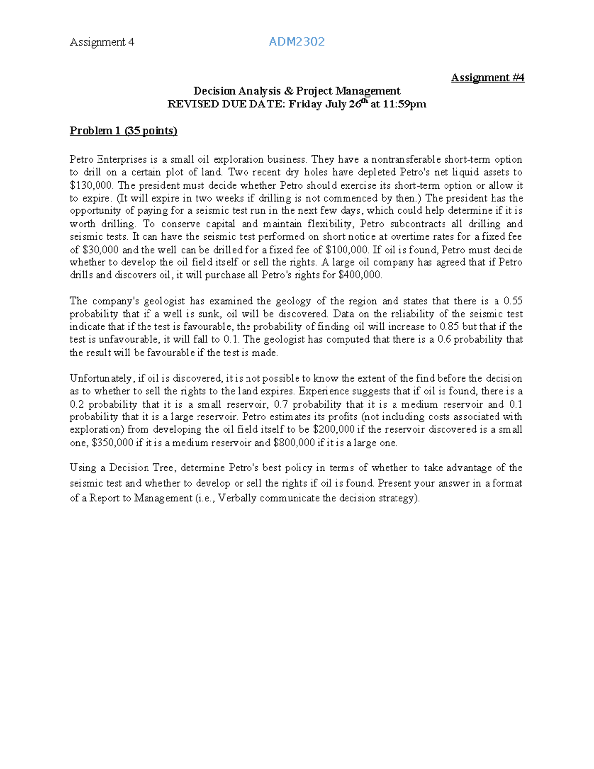 Assignmet 4 20241 - Assignment 4 - Assignment 4 ADM Assignment # Decision Analysis & Project ...