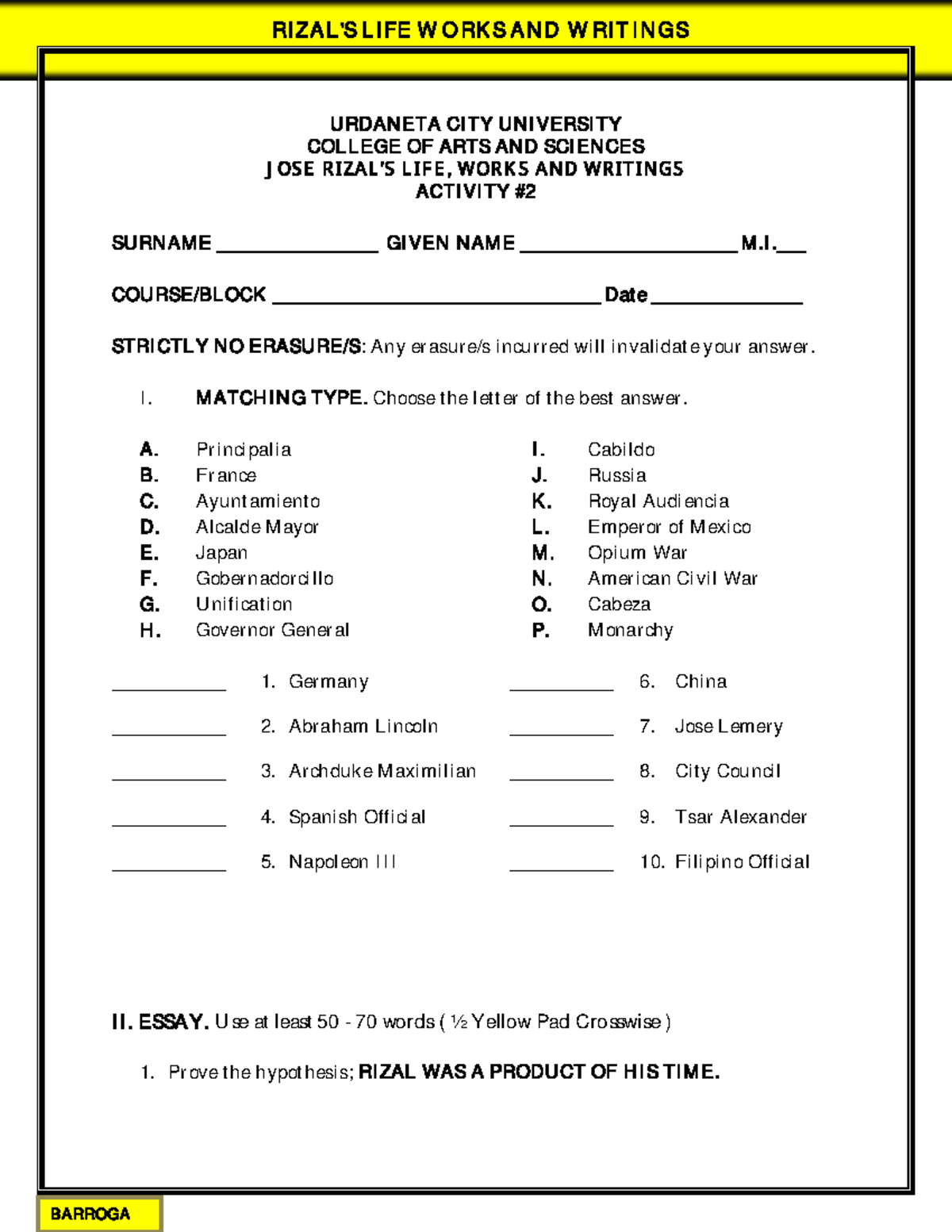 JOSE Rizal 2 Activity - goodluck - RI ZA L 'S L I FE W O RK S A N D W ...