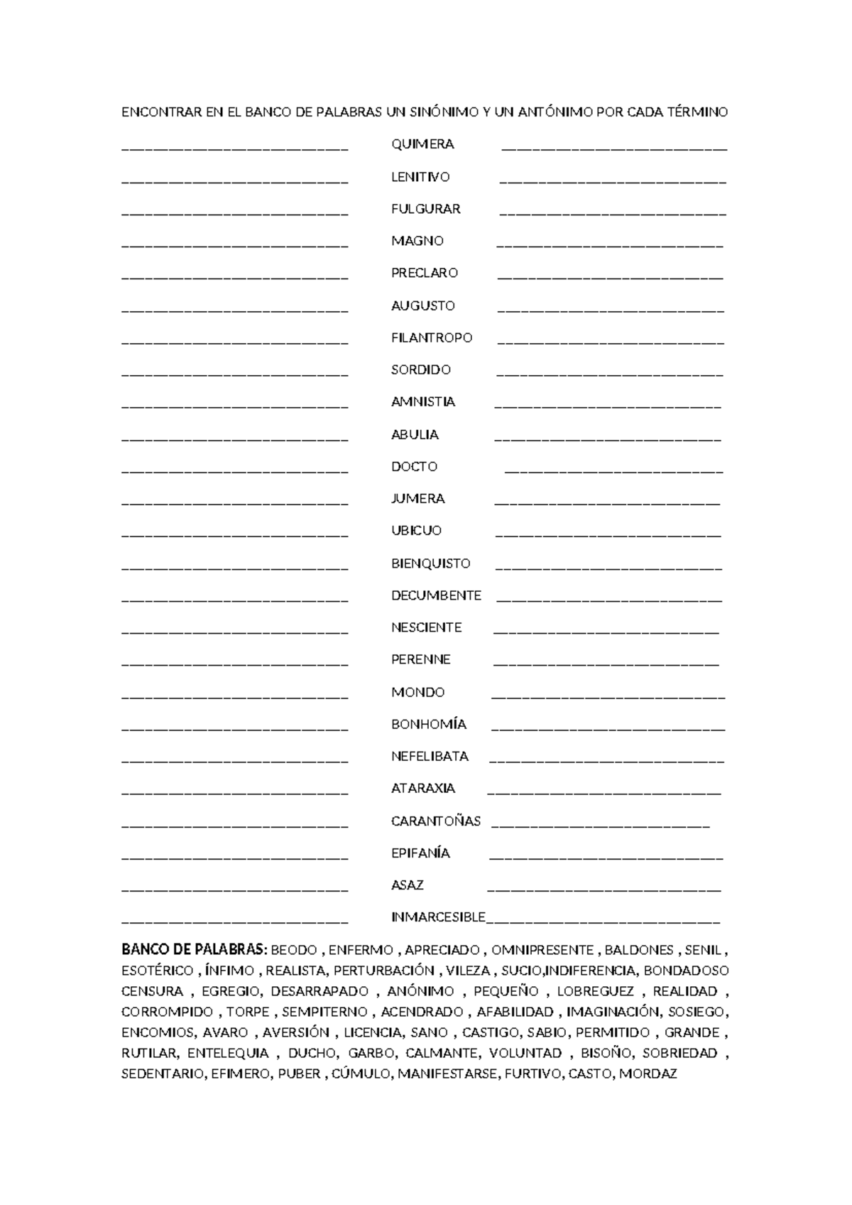 Encontrar EN EL Banco DE Palabras UN Sinónimo Y UN Antónimo POR CADA ...