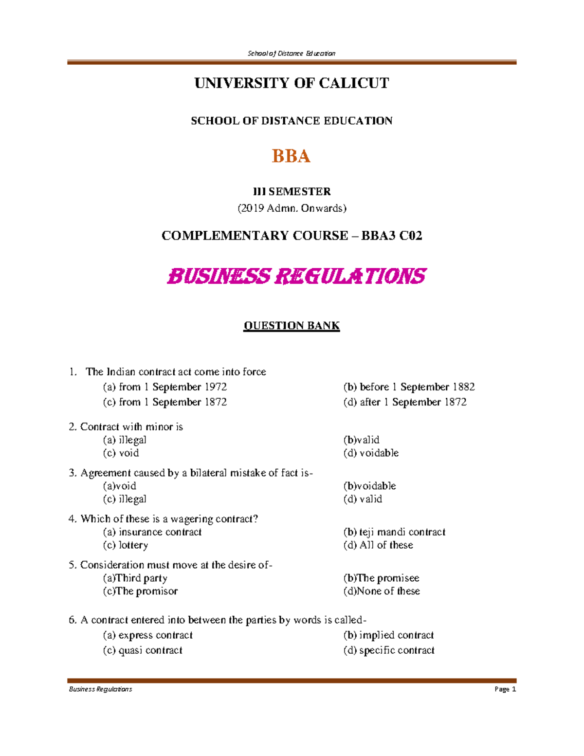MCQ - BBA III Semester - BBA3 C02 - Business Regulations (1) (1 ...