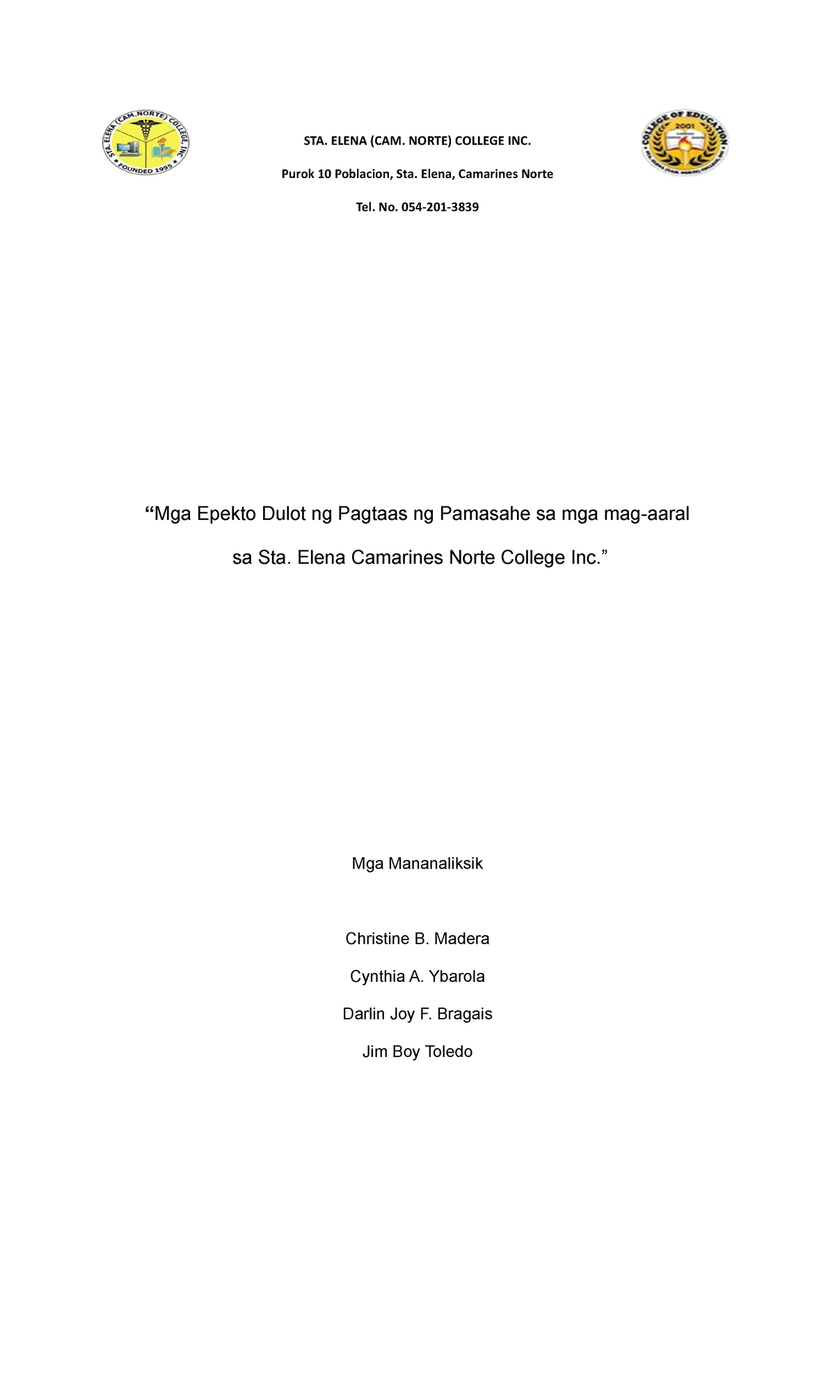 Research-tagalog - RESEARCH - STA. ELENA (CAM. NORTE) COLLEGE INC ...