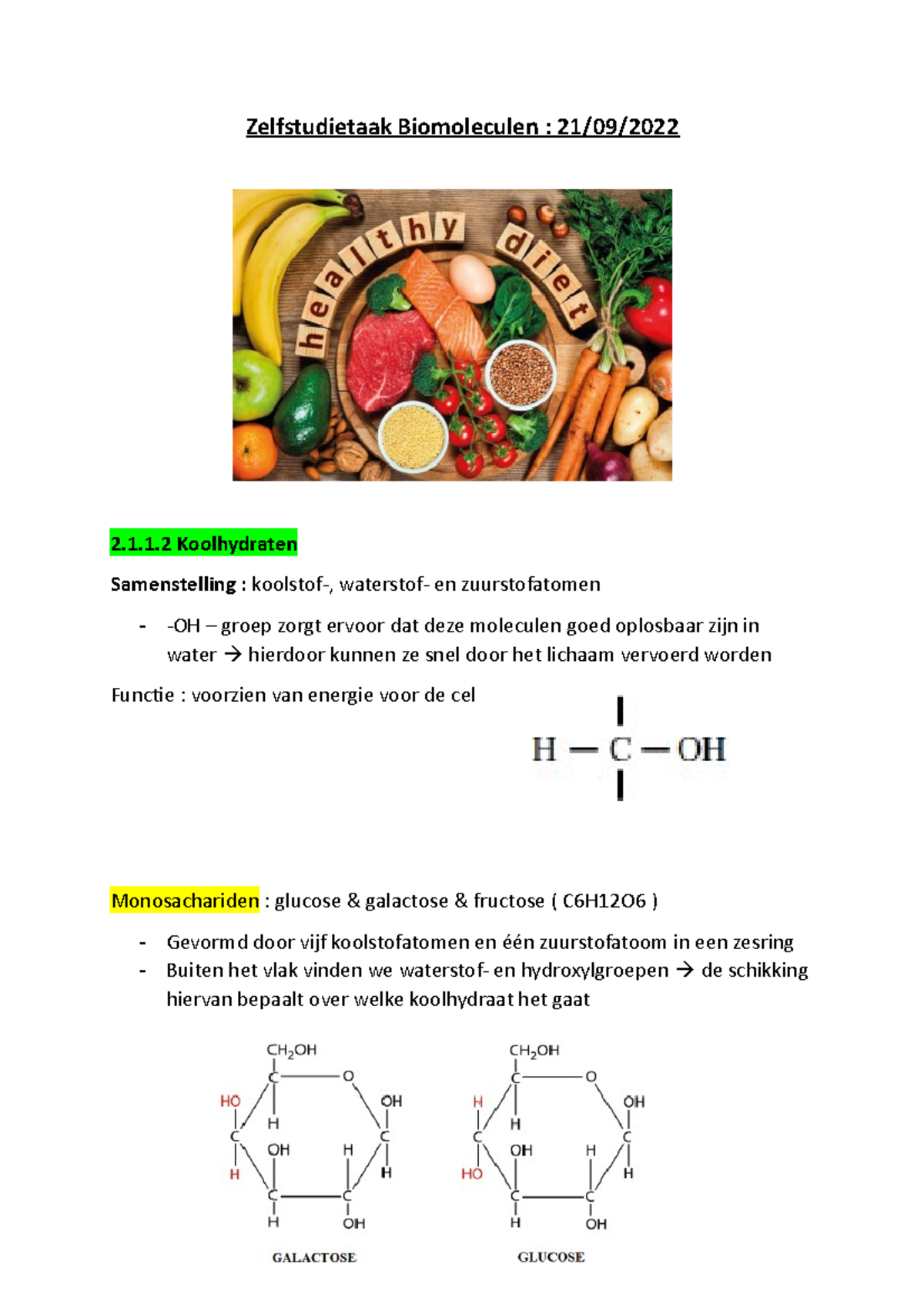 Samenvatting Biomoleculen - Zelfstudietaak Biomoleculen : 21/09/ 2.1.1 ...