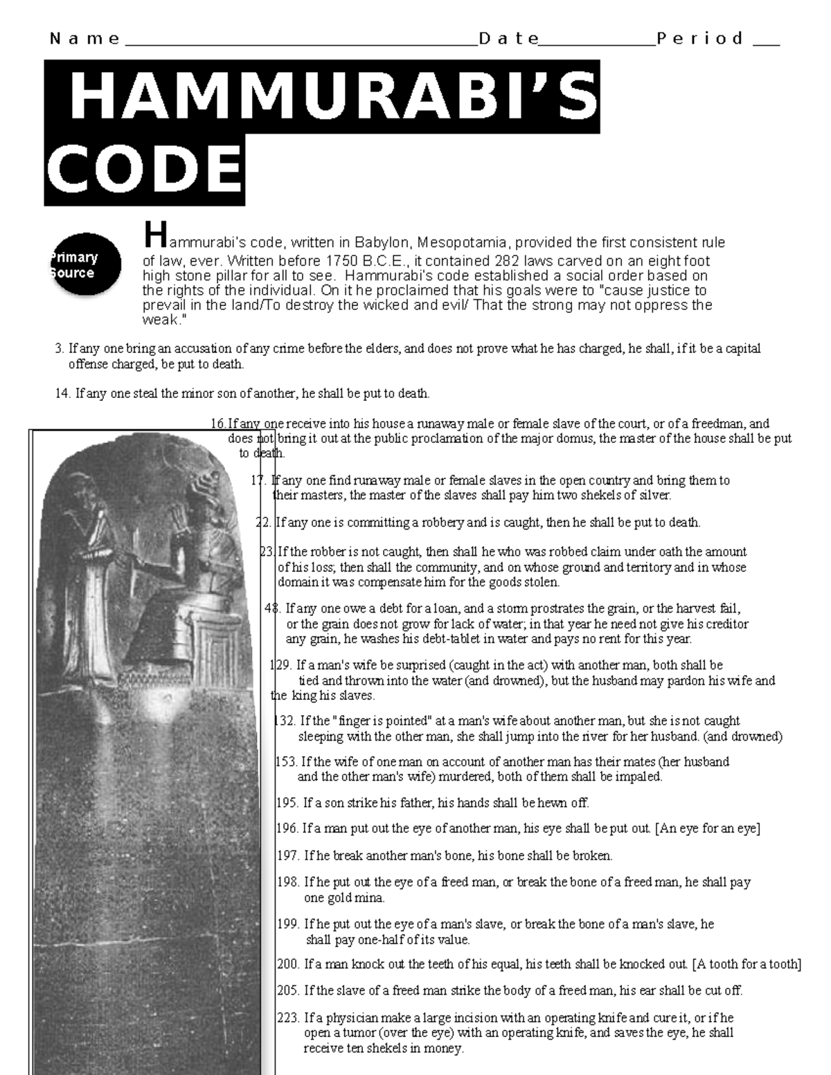 02B Hammurabi’s code 1-1 - N a m e D a t e P e r i o d Primary Source ...