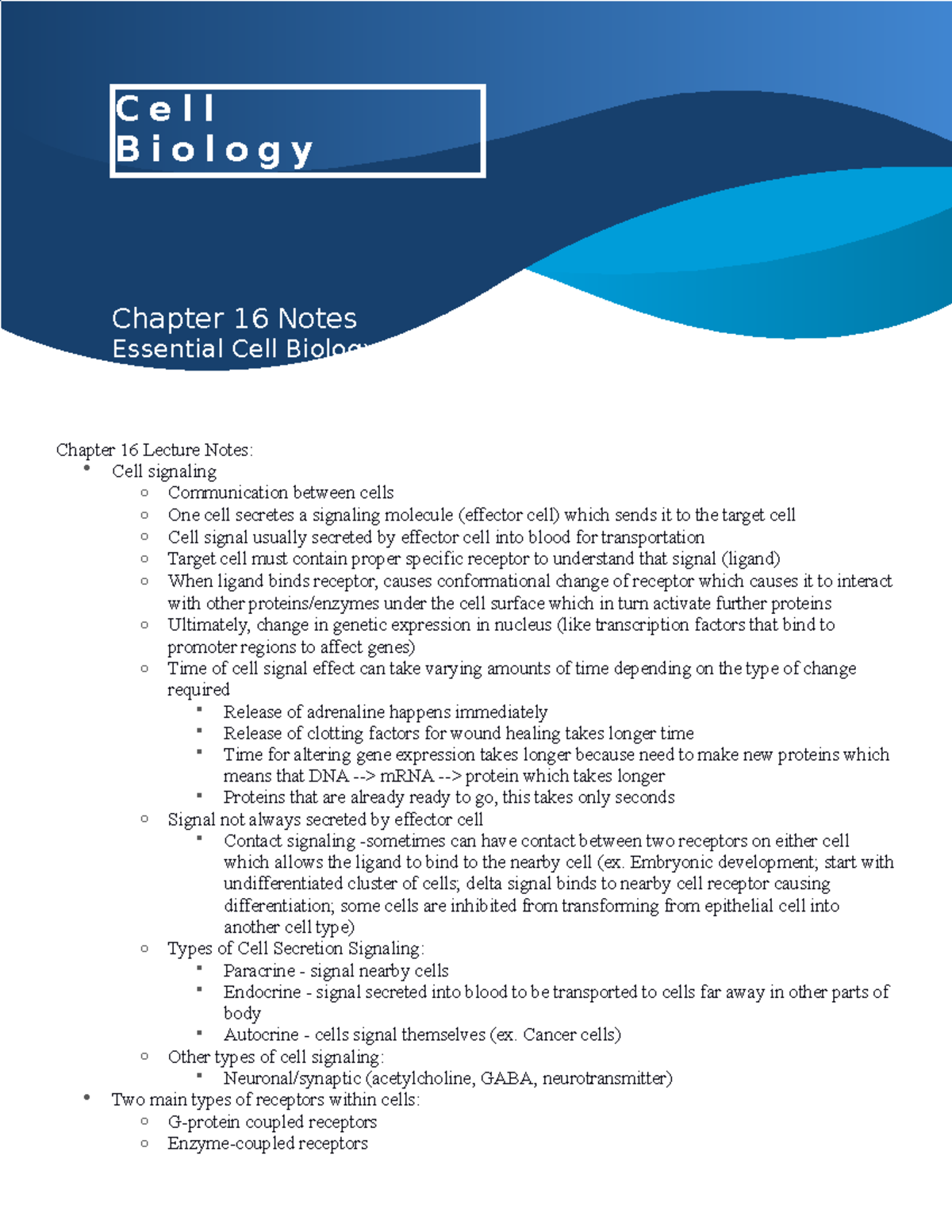 Cell Biology - Chapter 16 Notes - Chapter 16 Notes Essential Cell ...