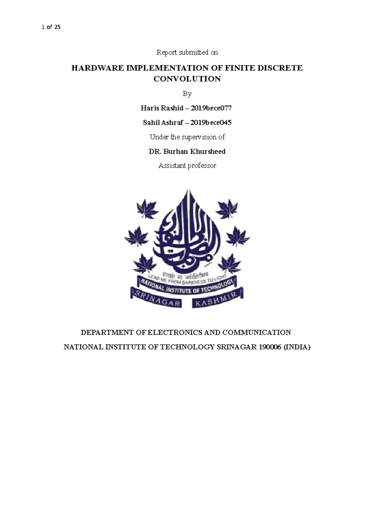 Architecture Of Linear Convolution Report Submitted On Hardware Implementation Of Finite