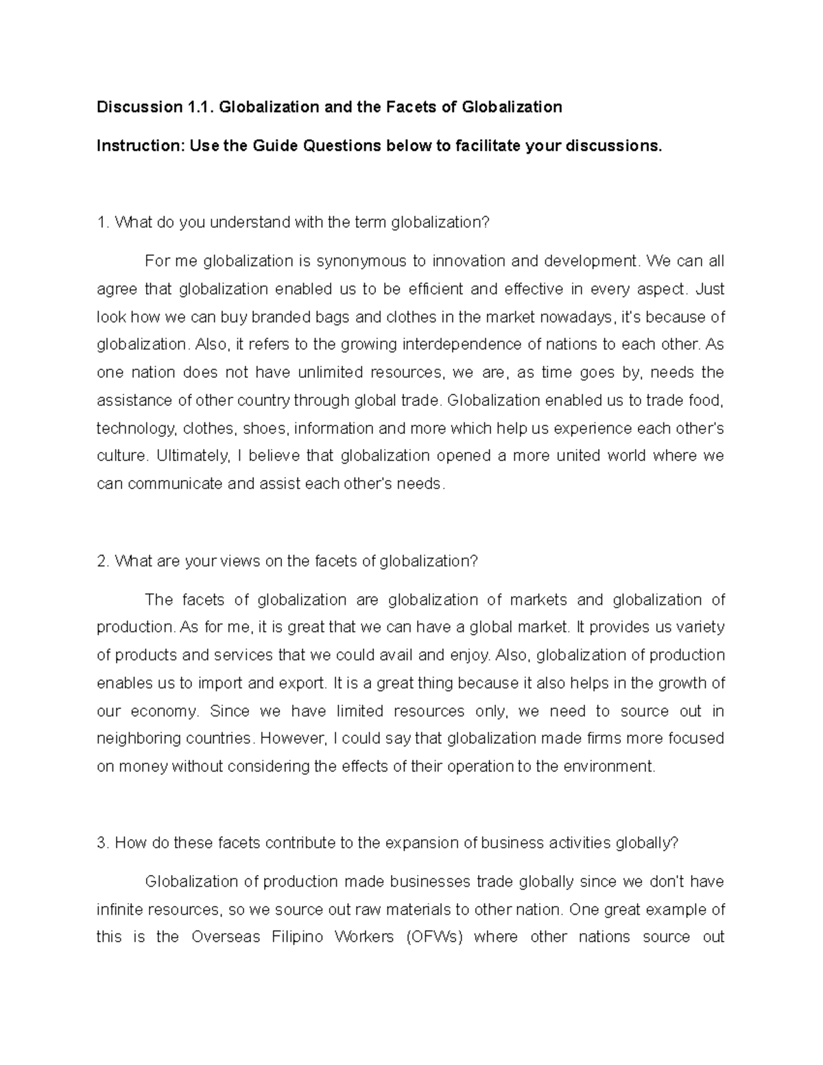 Discussion 1.1. Globalization and the Facets of Globalization ...