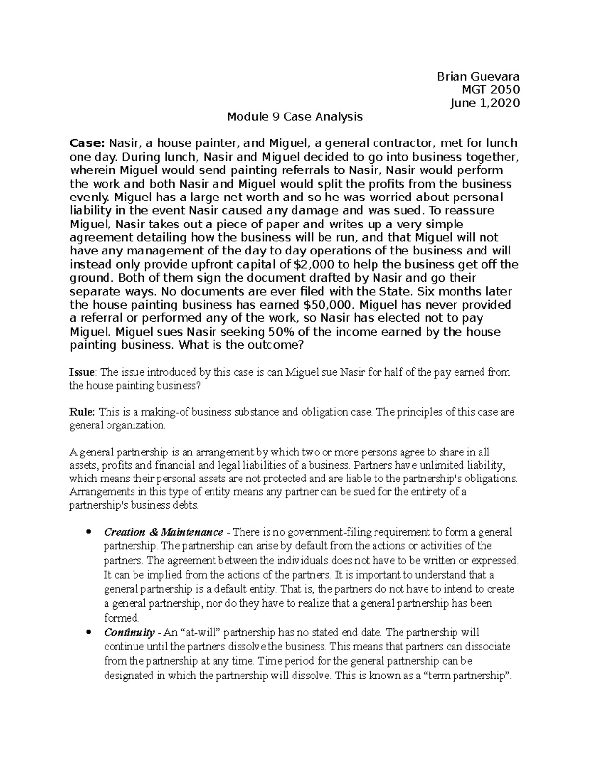 Module 9 Case Analysis - Practice Assignment - Brian Guevara MGT 2050 ...