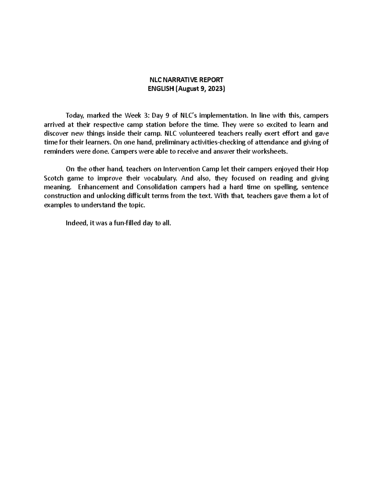 Narrative Reports - NLC NARRATIVE REPORT ENGLISH (August 9, 2023) Today ...