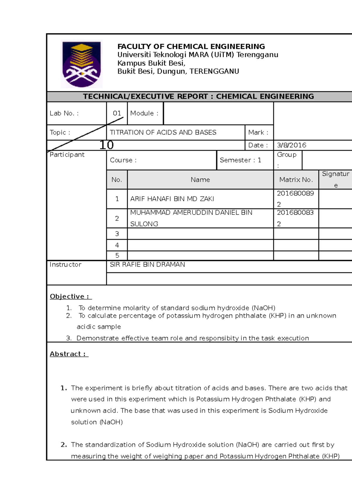 CHE 142 Inorganic Chemistry Lab Report T - FACULTY OF CHEMICAL ...