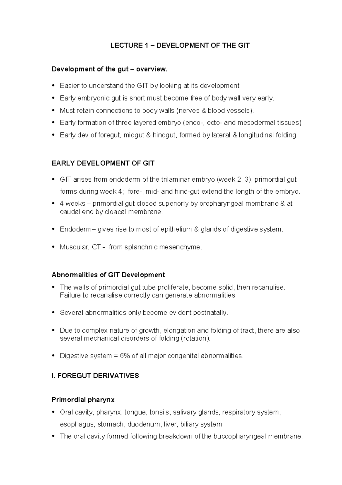 9 GIT Summary - LECTURE 1 DEVELOPMENT OF THE GIT Development of the gut ...