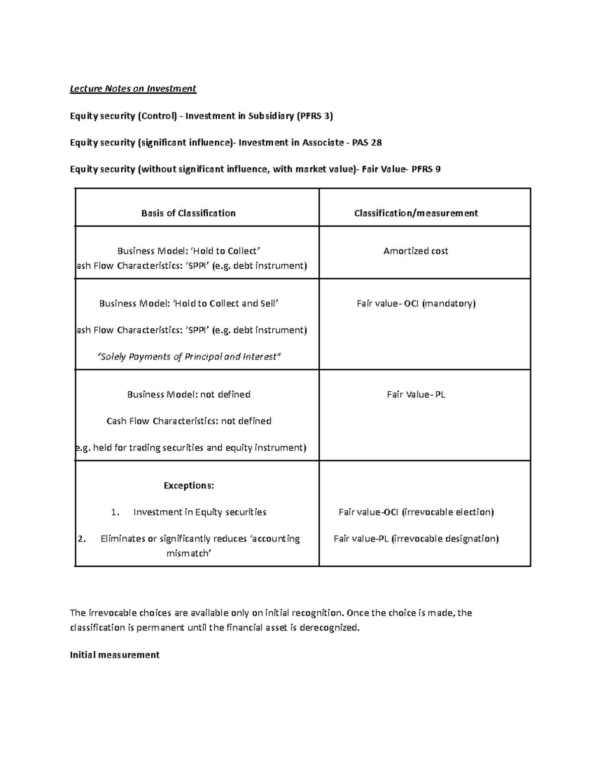 Lecture Notes on Investment.docx - Lecture Notes on Investment Equity ...