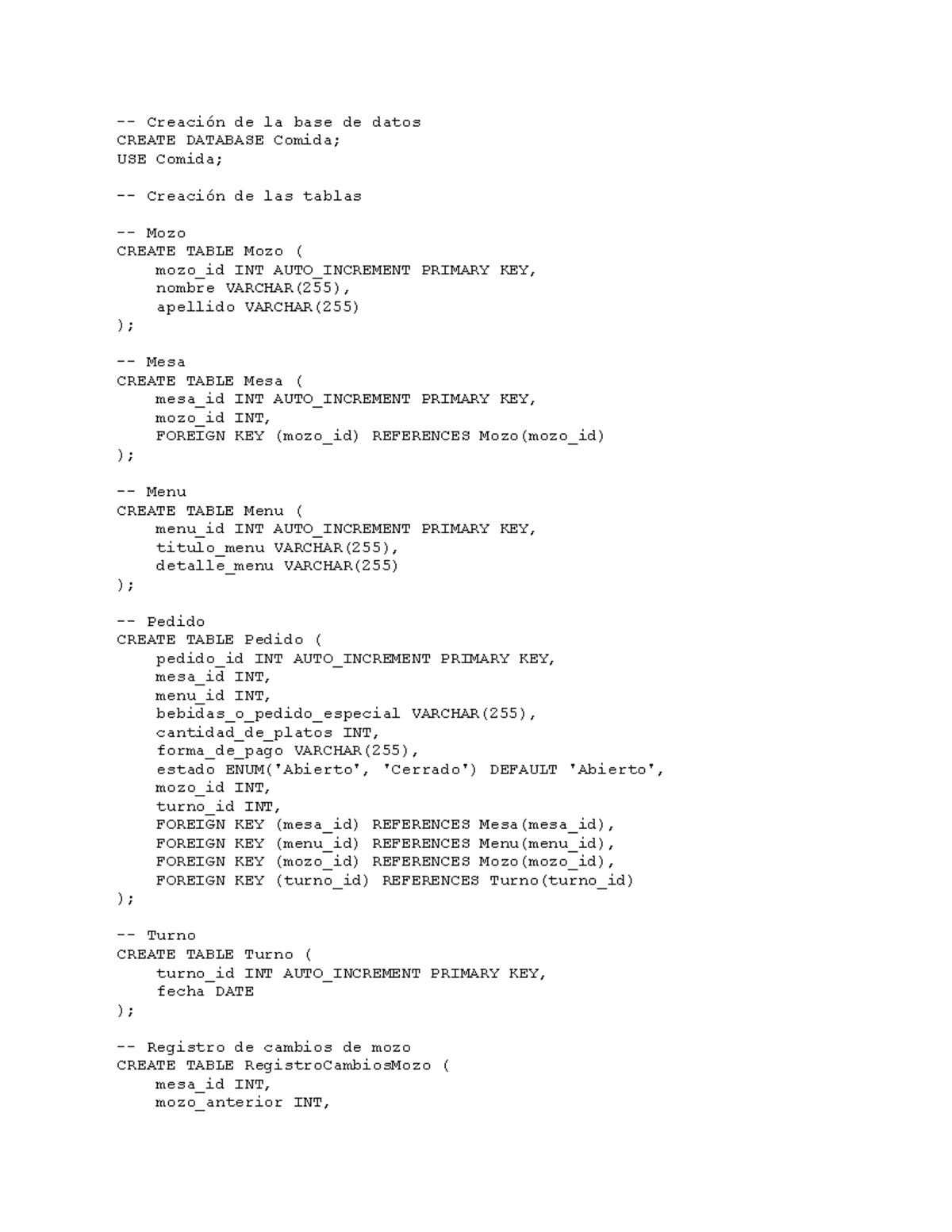 Db-tp4 - tp 4, cambiar inserts - Creación de la base de datos CREATE DATABASE Comida; USE Comida ...