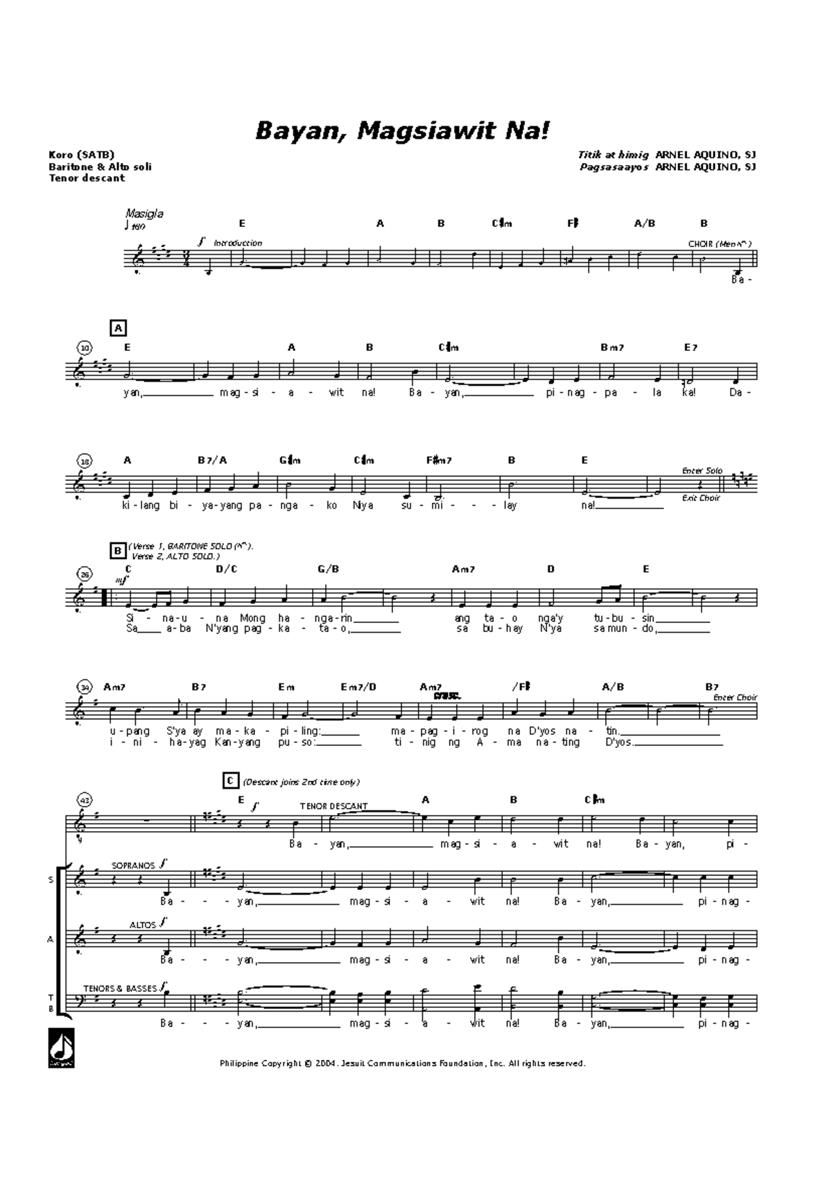 Bayan Umawit SATB - & 4 3 œ f Introduction ̇ . E œ œ œ ̇ œ A ̇ œ B œ œ ...