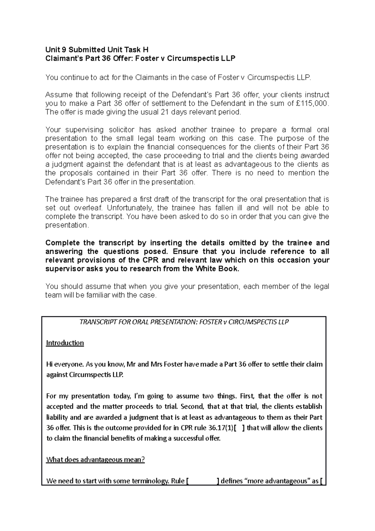 TASK9 - Law Coursework - Unit 9 Submitted Unit Task H Claimant’s Part ...