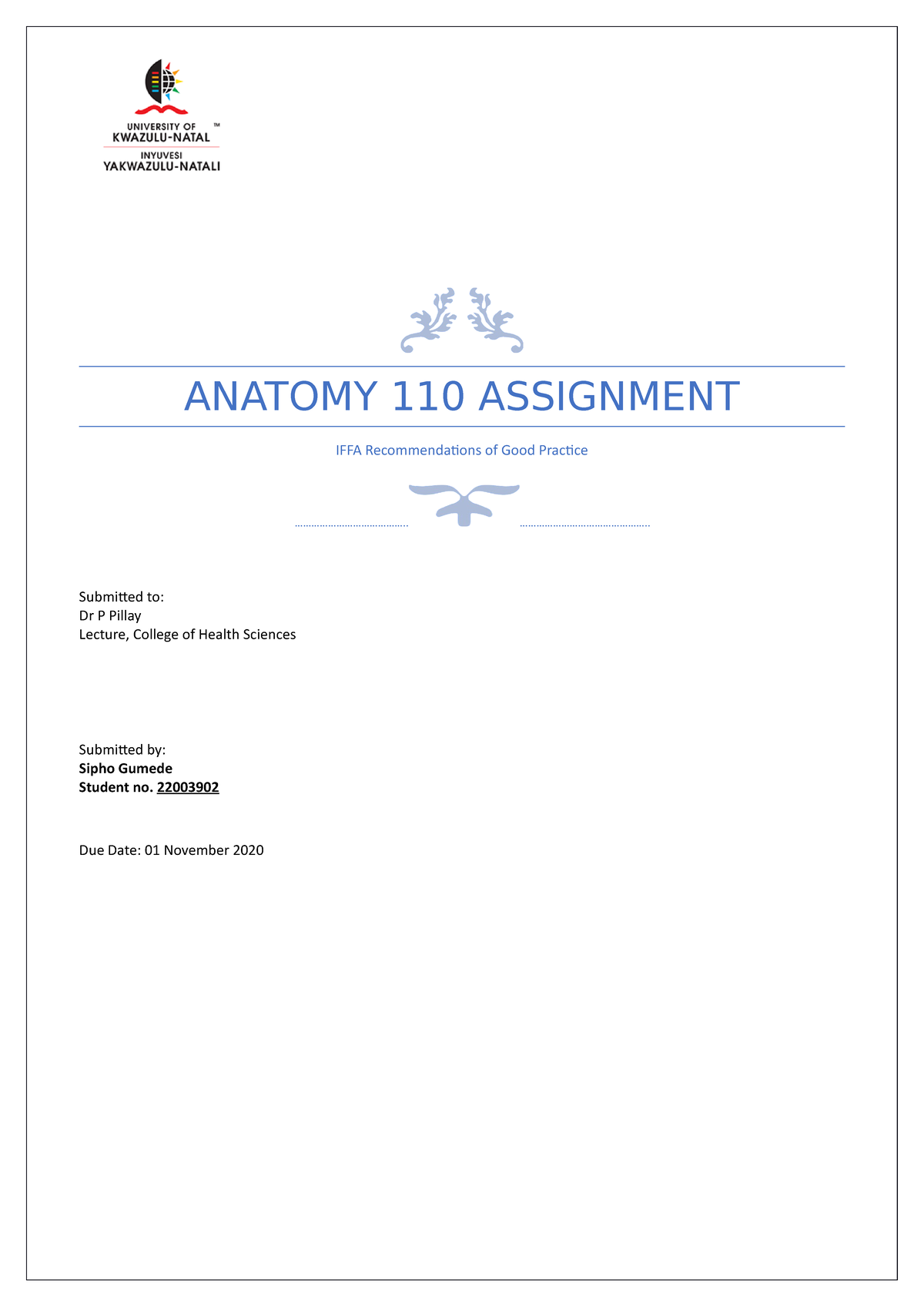 Anatomy 101 Assignment - ANATOMY 110 ASSIGNMENT IFFA Recommendations of ...