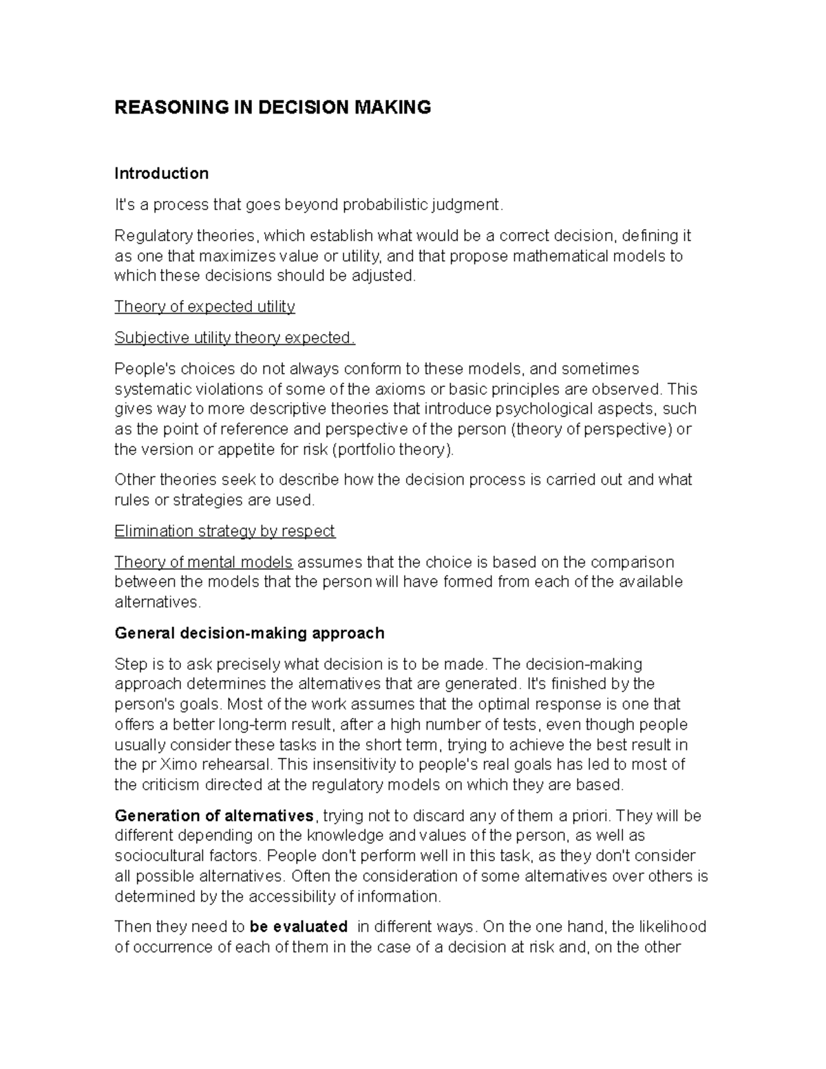 Reasoning in decision making - REASONING IN DECISION MAKING ...